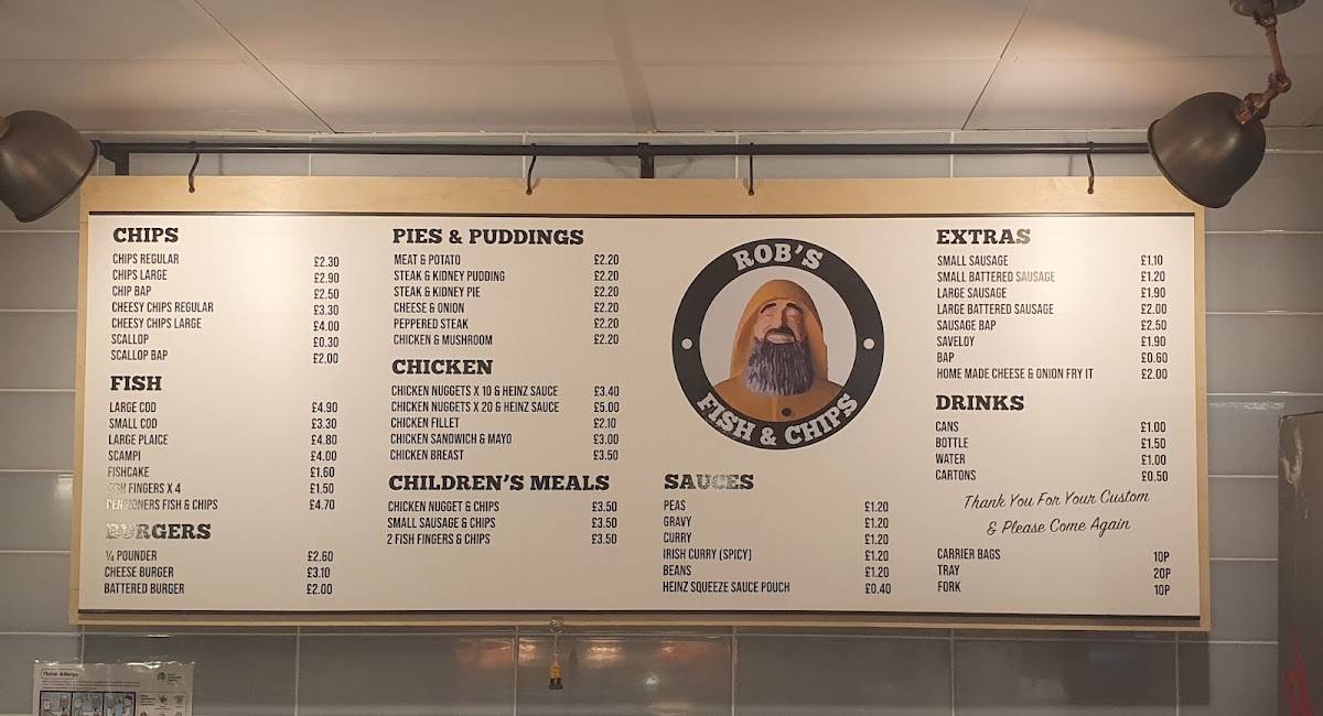 Menu at Rob's Fish & Chip Shop fast food, Pensarn