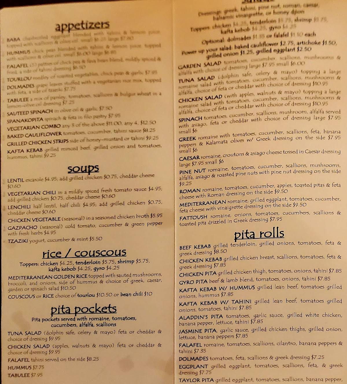 Menu at Aladdin's Natural Eatery restaurant, Rochester, 646 Monroe Ave
