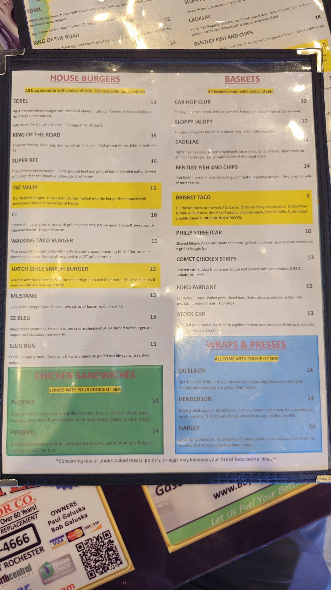 Menu at Fat Willy's pub & bar, Rochester