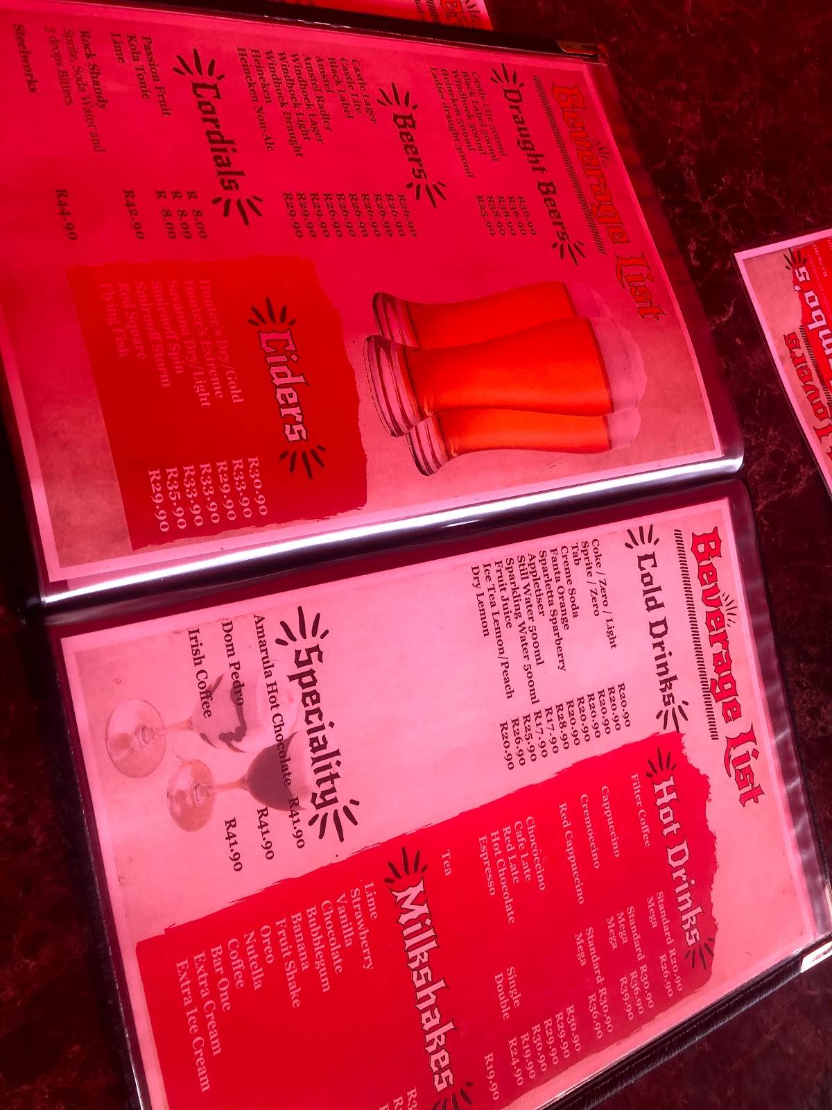 Menu at Rockofellos restaurant, Rustenburg