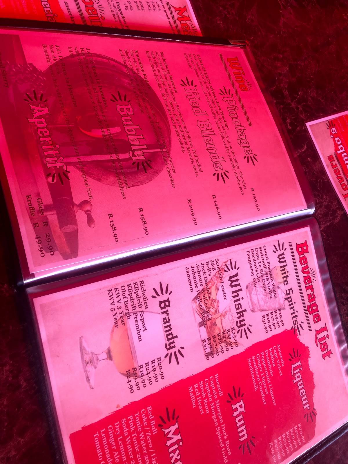 Menu at Rockofellos restaurant, Rustenburg