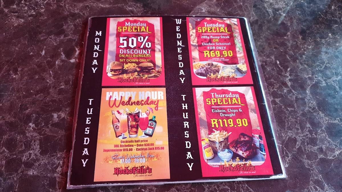 Menu at Rockofellos restaurant, Rustenburg