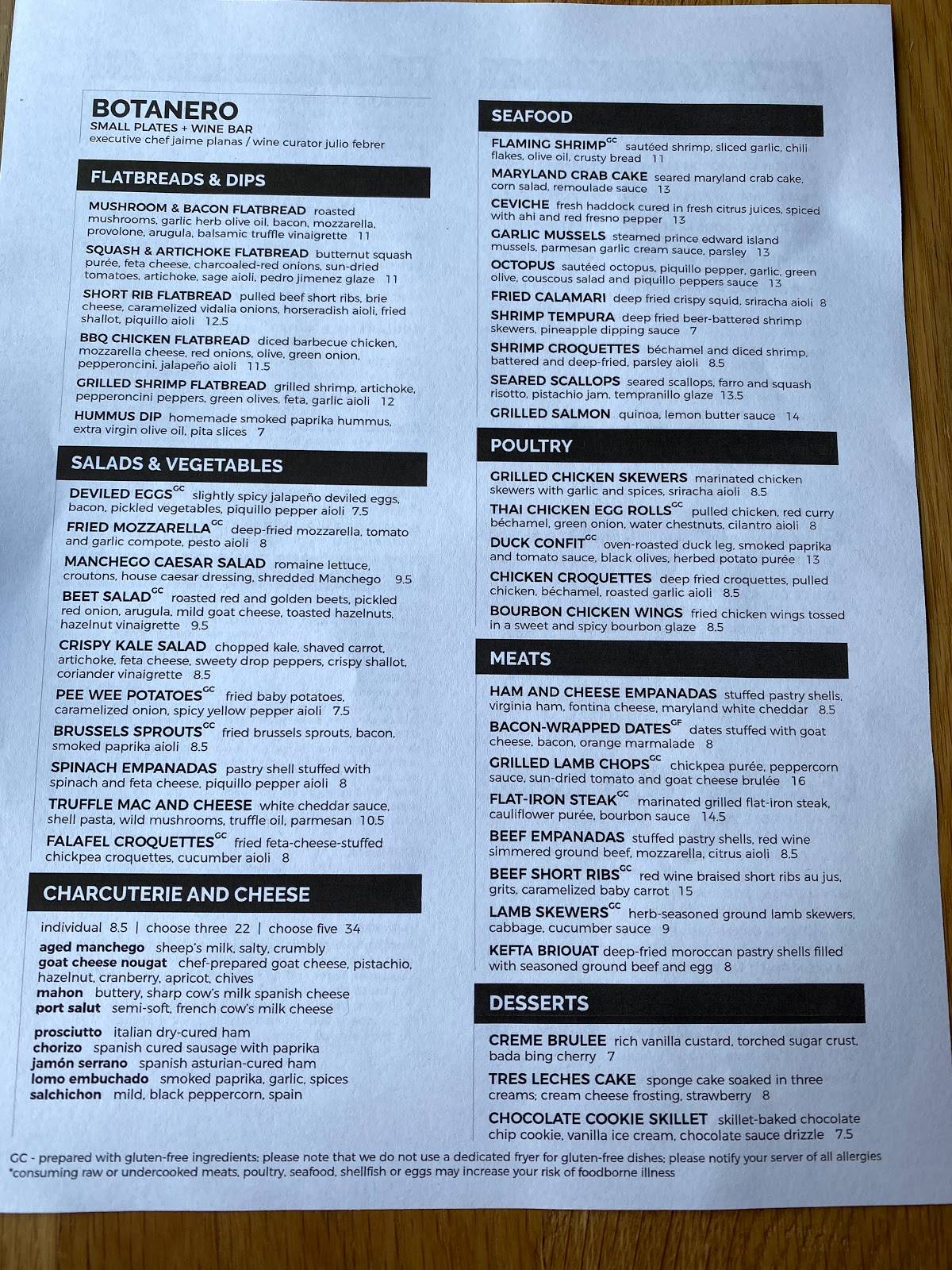 Menu at Botanero Restaurant, Rockville