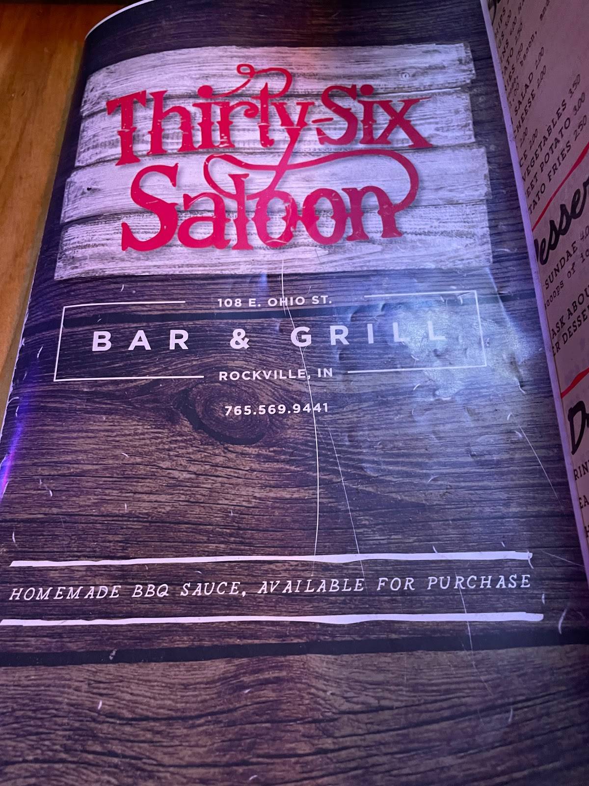 Menu at Thirty Six Saloon pub & bar, Rockville, 108 E Ohio St