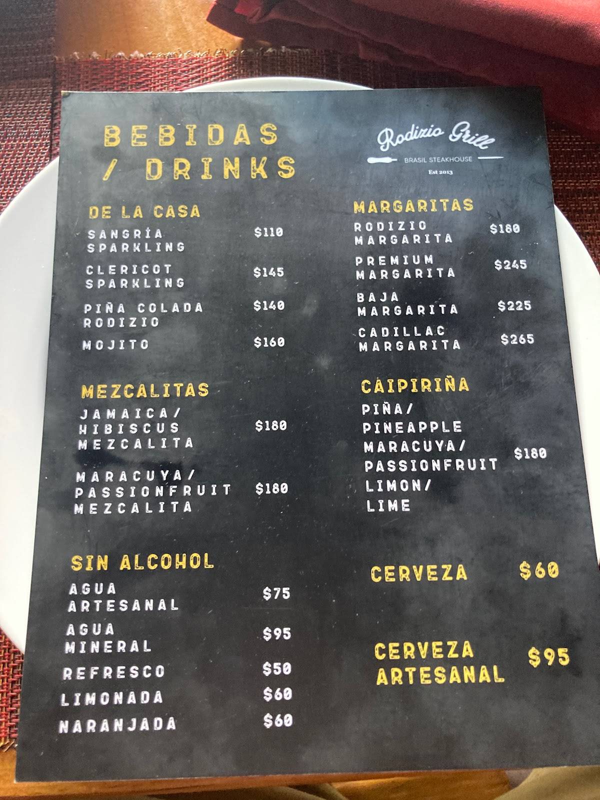 Menu at Rodizio Grill steakhouse, Cabo San Lucas