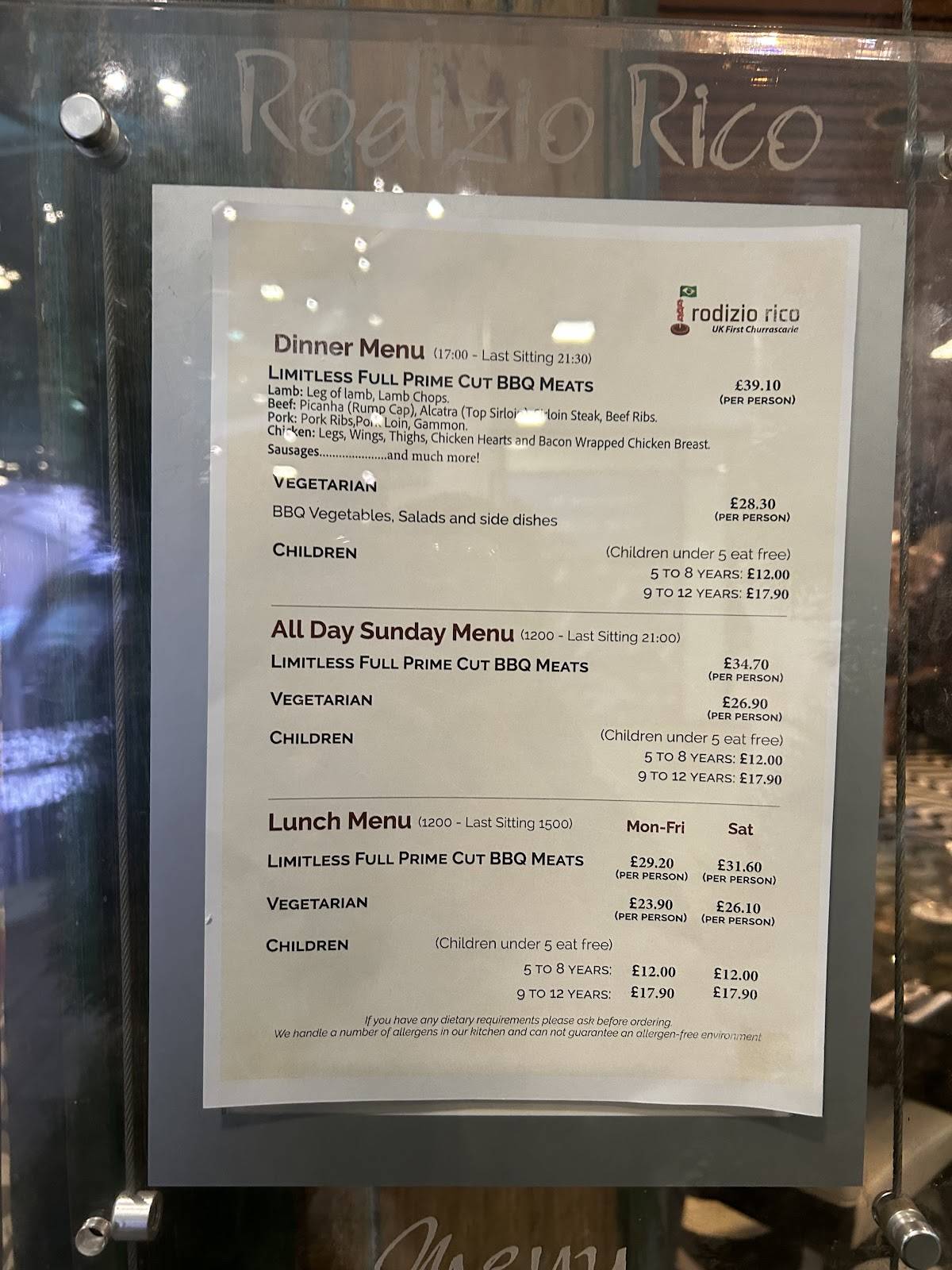 Menu at Rodizio Rico pub & bar, Birmingham, 207 Wharfside St