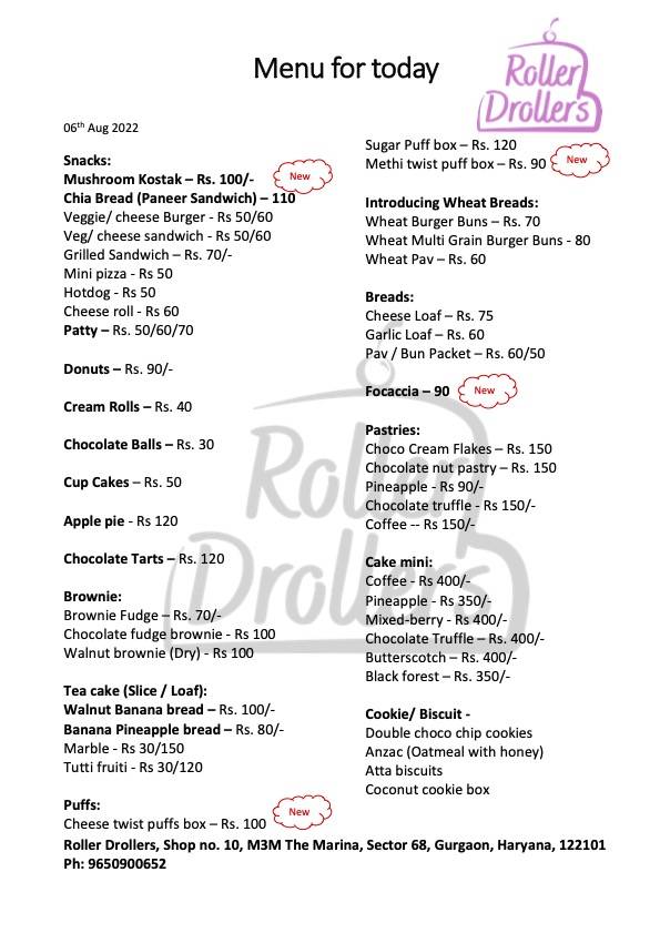 Menu at Roller Droller's, Gurugram
