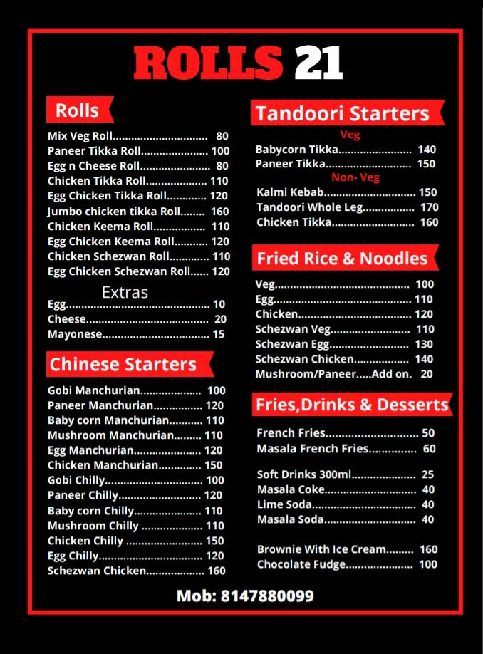 Menu at Rolls 21, Bengaluru, XGPQ+X22