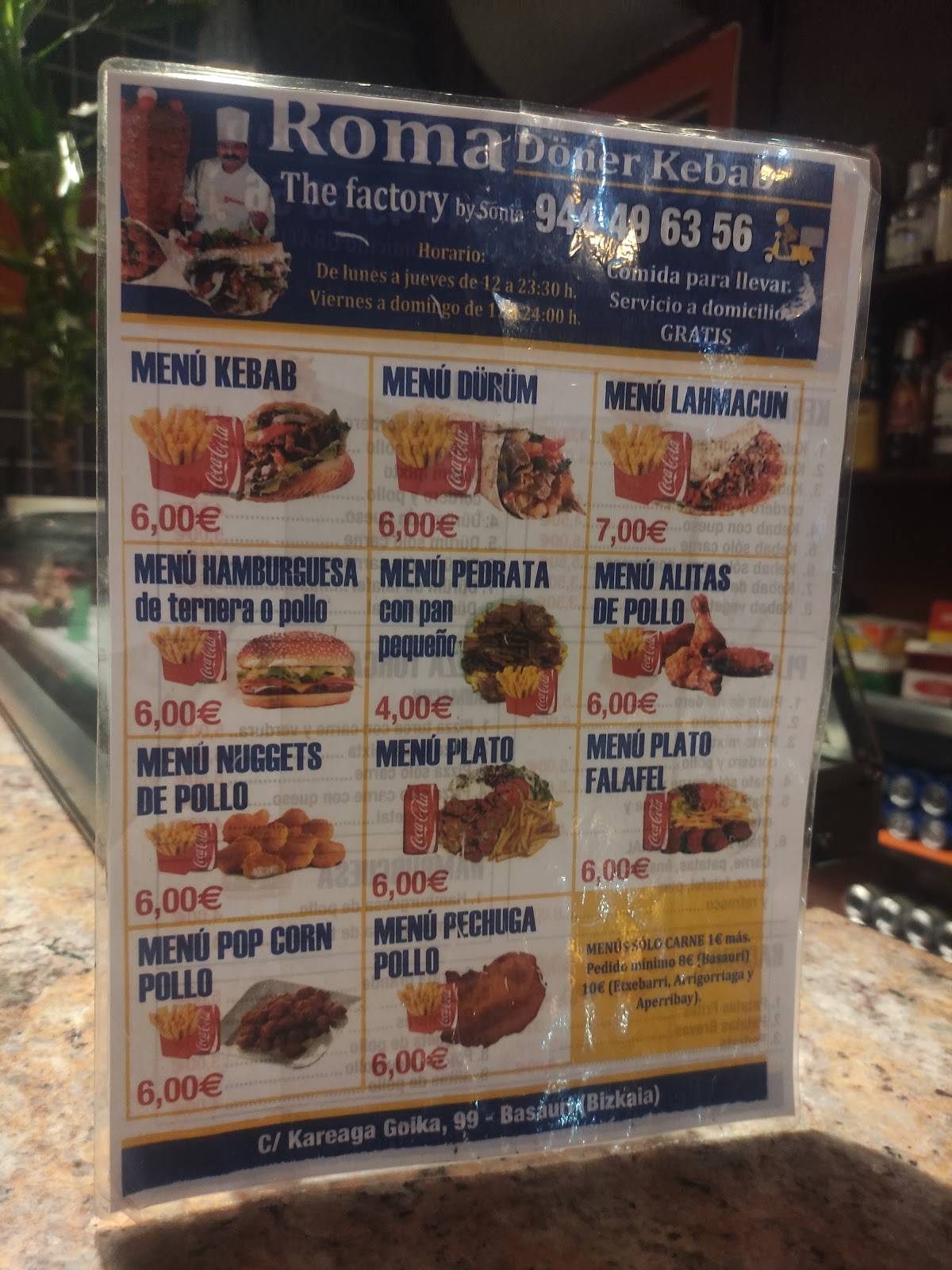 Menu at Roma Döner Kebab (The Factory Bar), Basauri