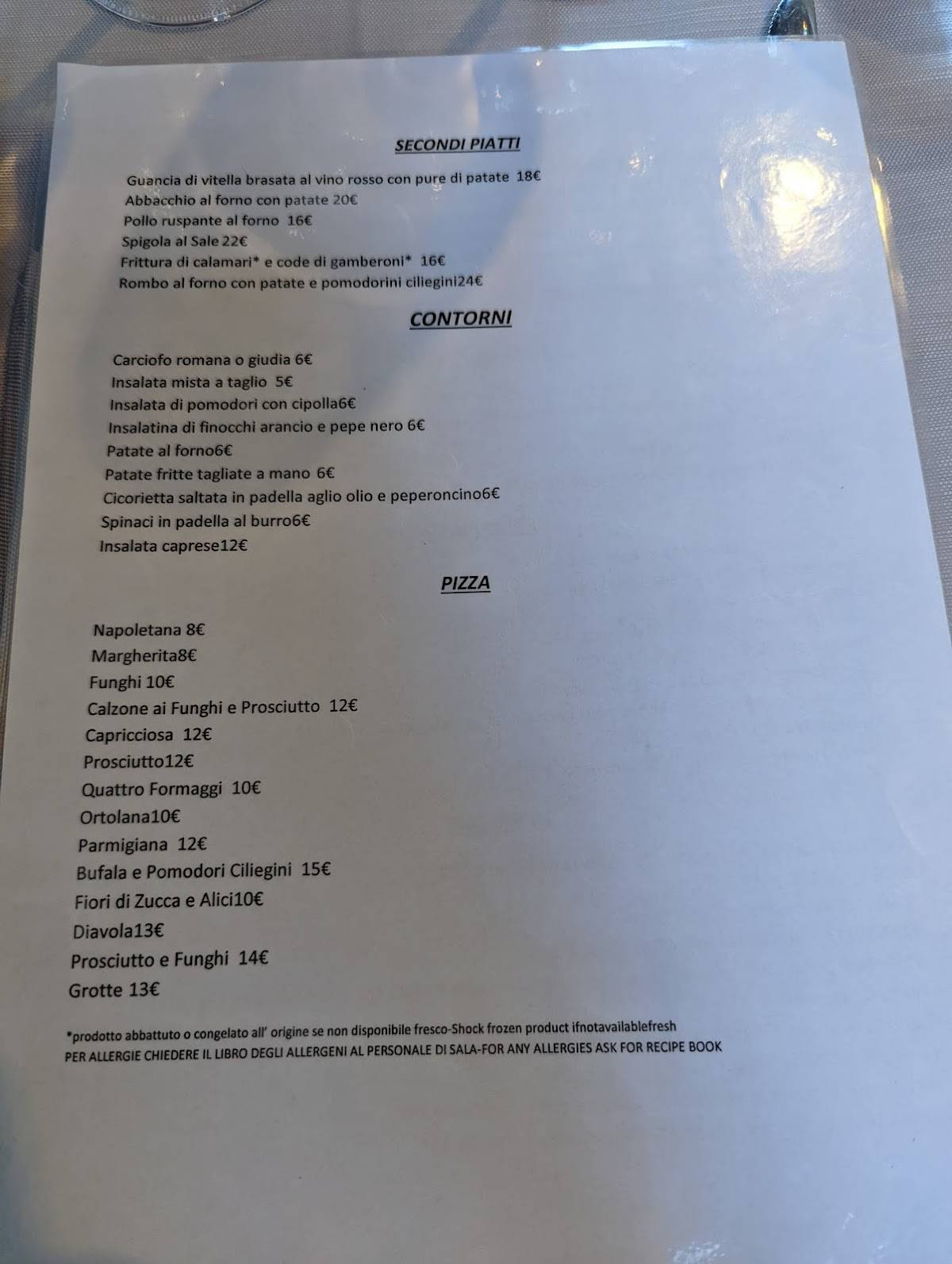 Menu da Le Grotte ristorante, Roma, Via della Vite