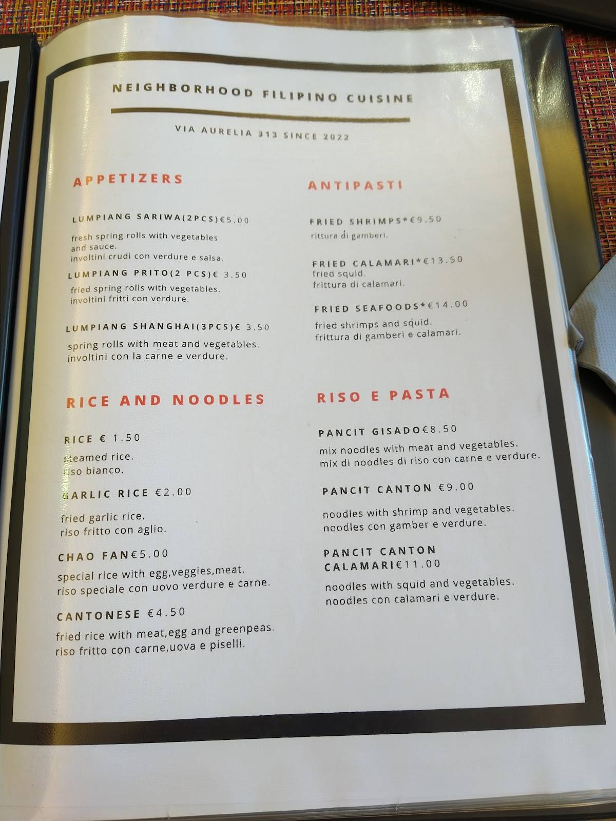 Menu au Neighborhood Filipino Restaurant, Rome, Via Aurelia