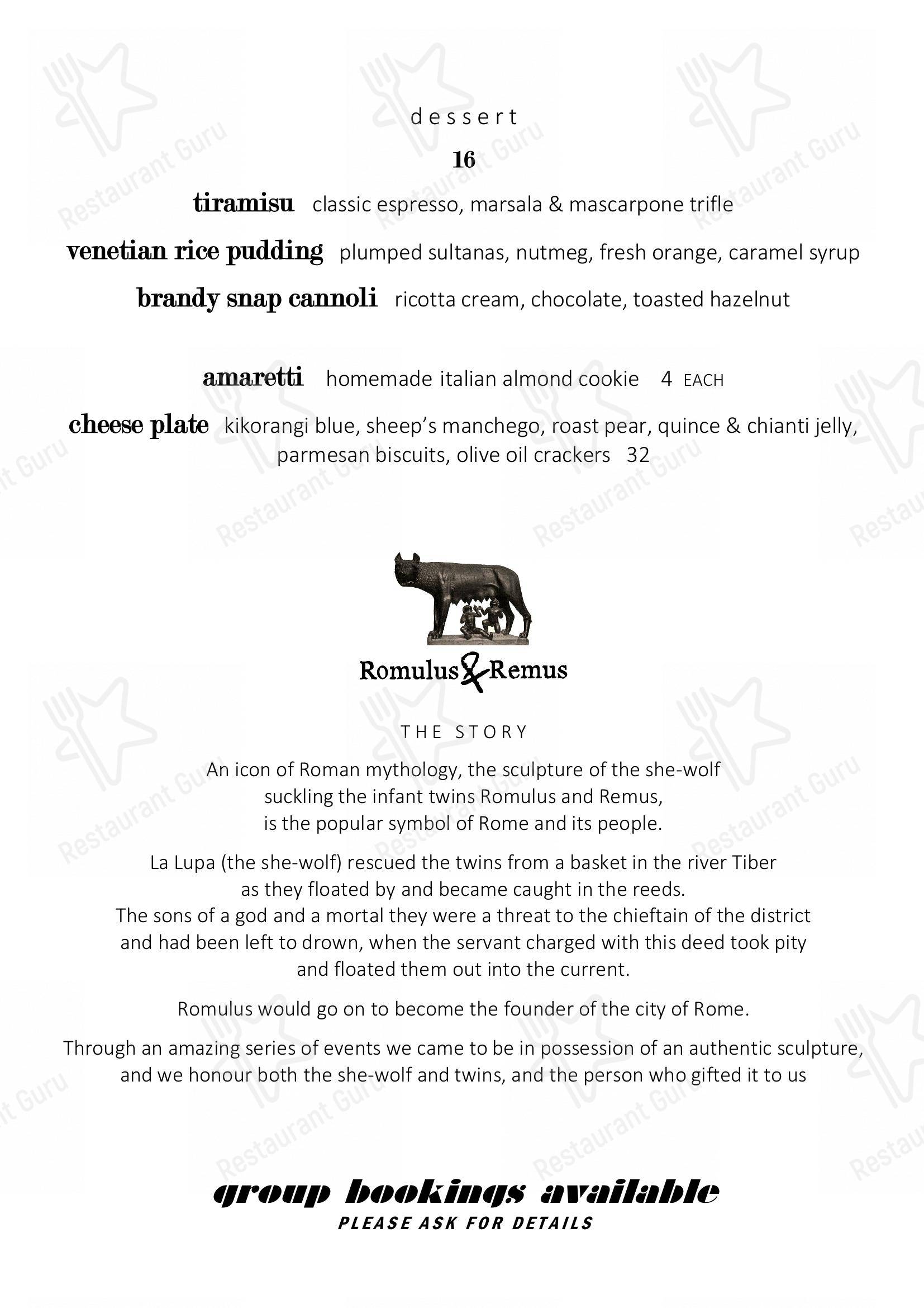 Menu at Romulus and Remus restaurant, Auckland