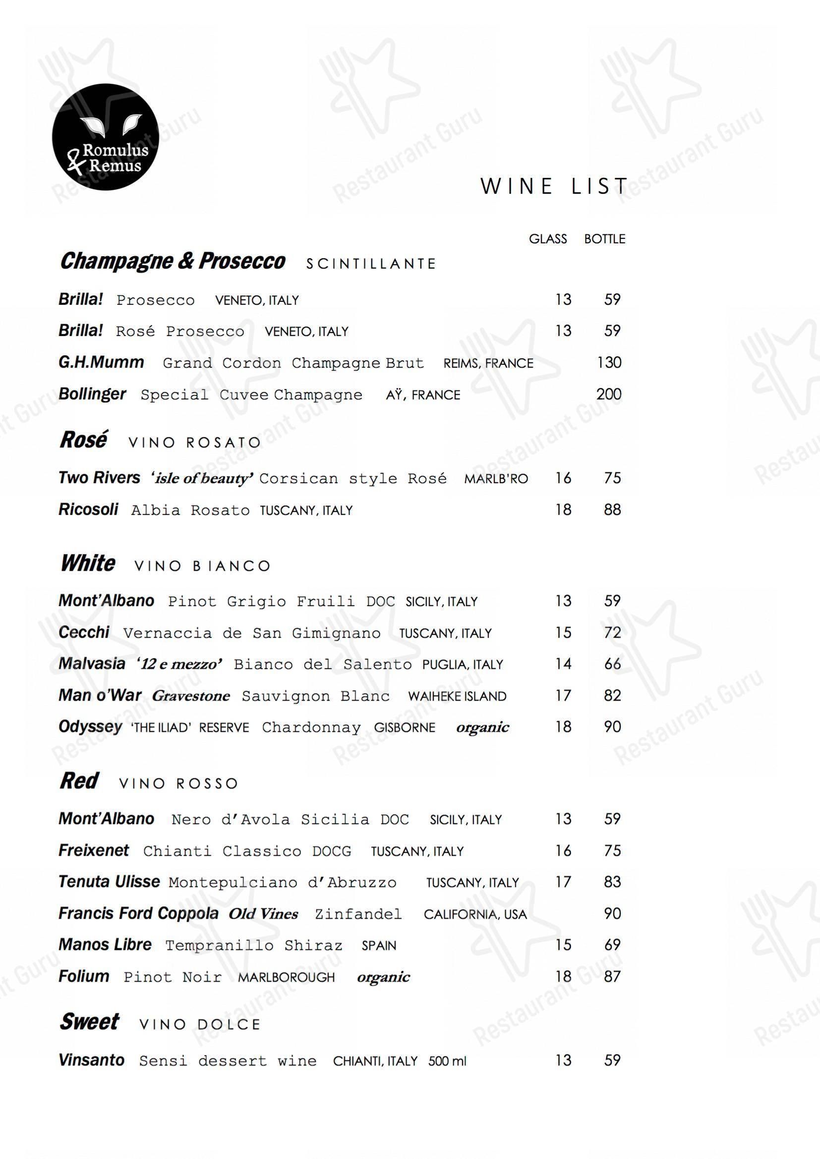 Menu at Romulus and Remus restaurant, Auckland