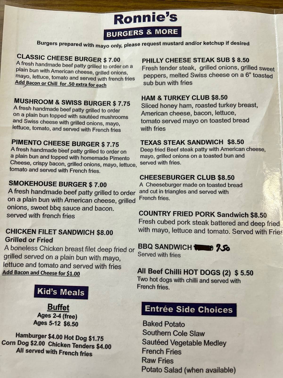 Menu at Ronnie's Buffet And Grill restaurant, Newberry