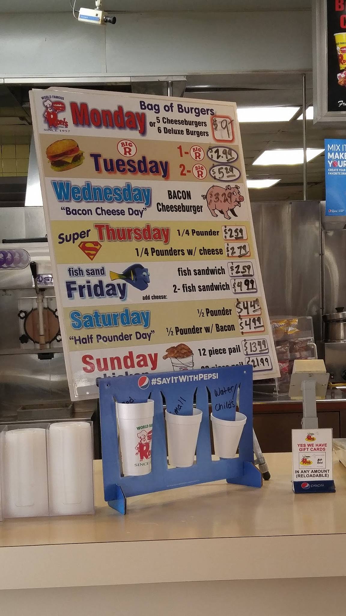Menu at Ron's Drive-In restaurant, Spokane Valley
