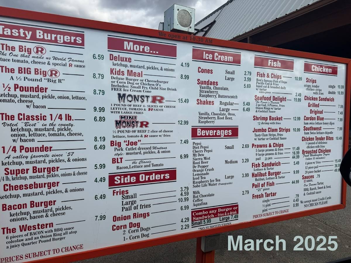 Menu at Ron's Drive-In restaurant, Spokane Valley