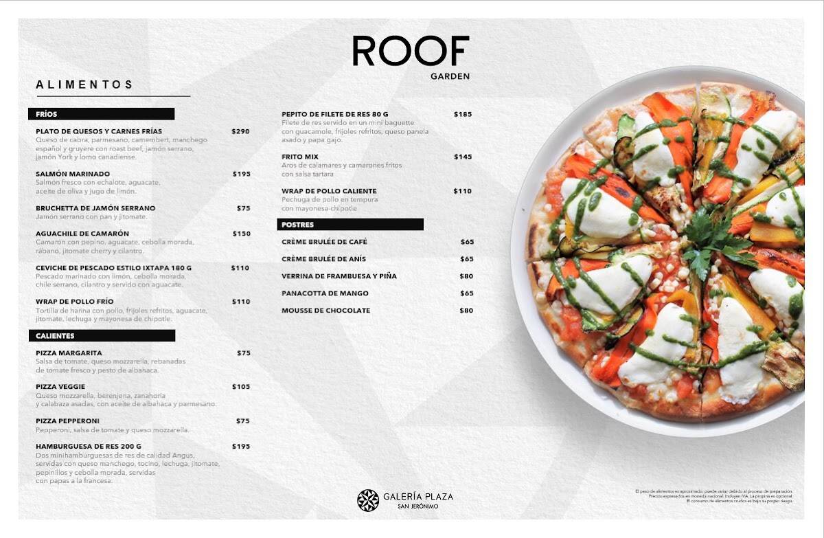 Menu at Roof Garden San Jerónimo restaurant, Mexico City, Av. Contreras 300
