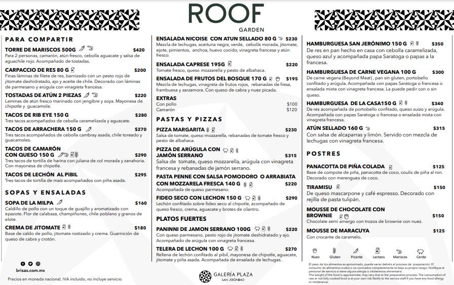 Menu at Roof Garden San Jerónimo restaurant, Mexico City, Av. Contreras 300