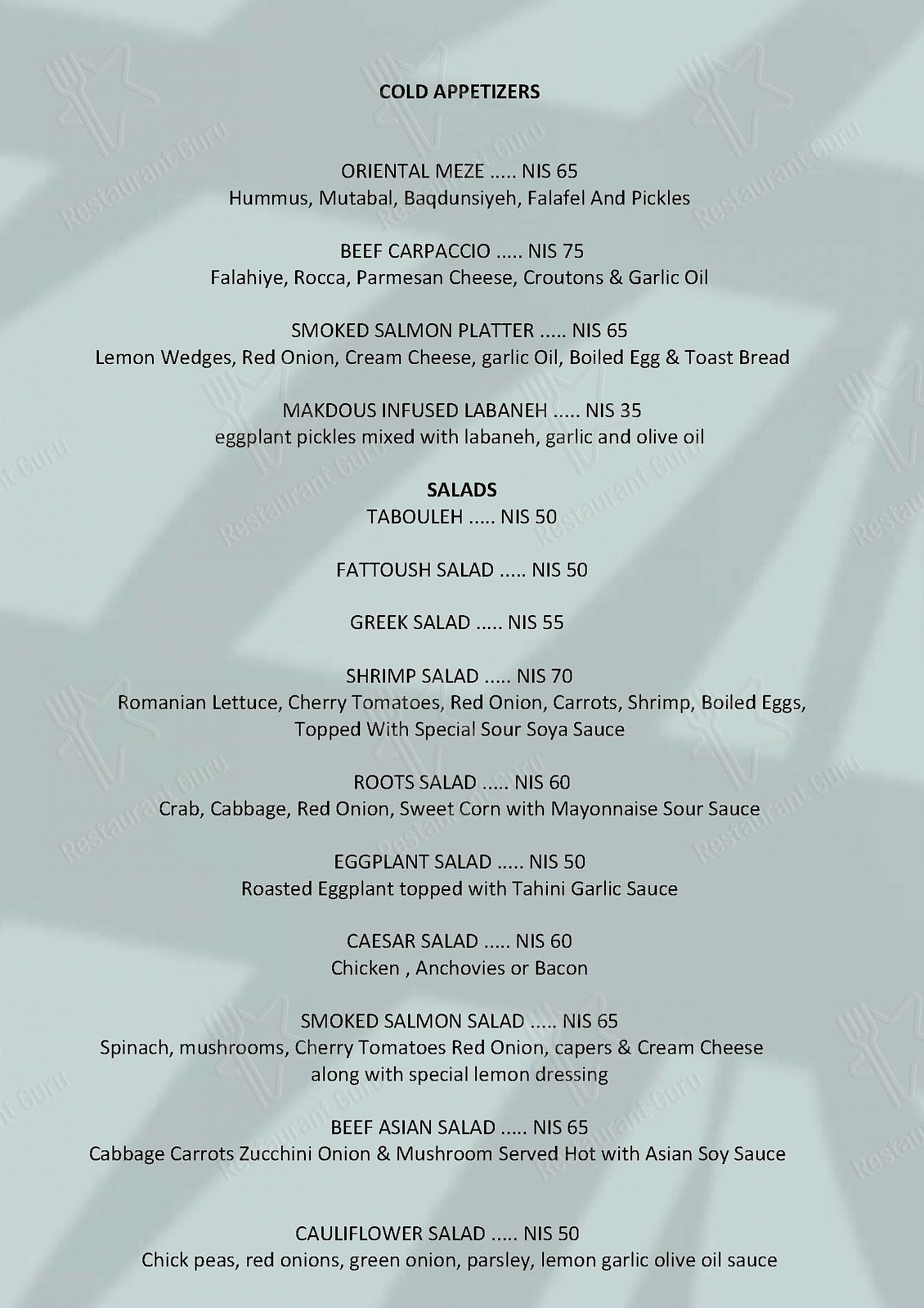 Menu at Roots Restaurant, Jerusalem