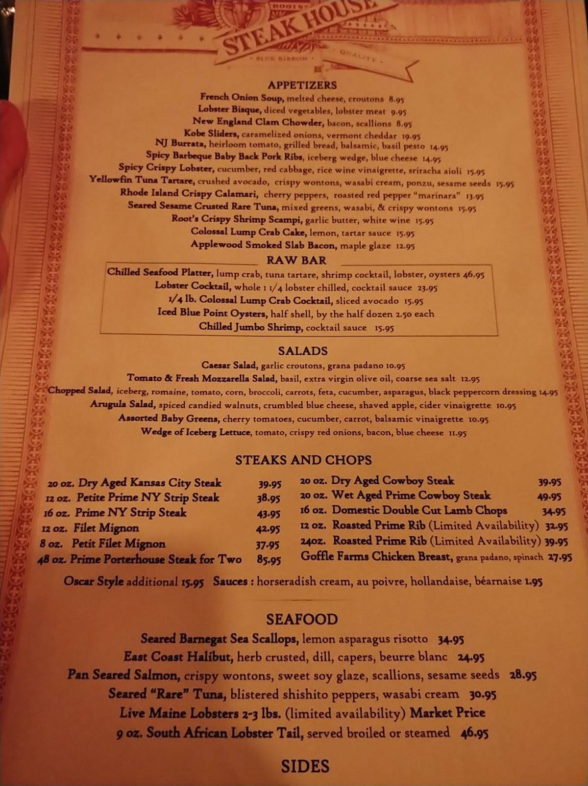 Menu at Roots Steakhouse, Morristown