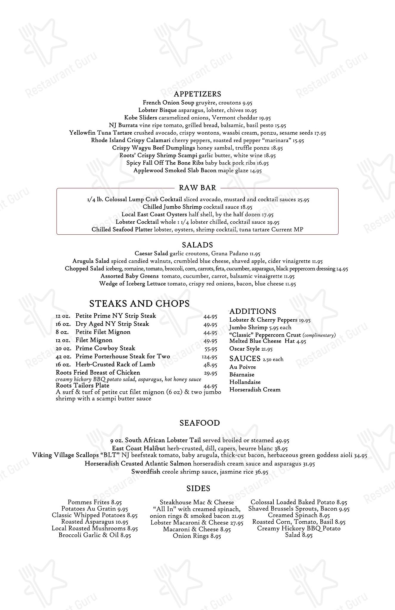 Menu at Roots Steakhouse, Morristown