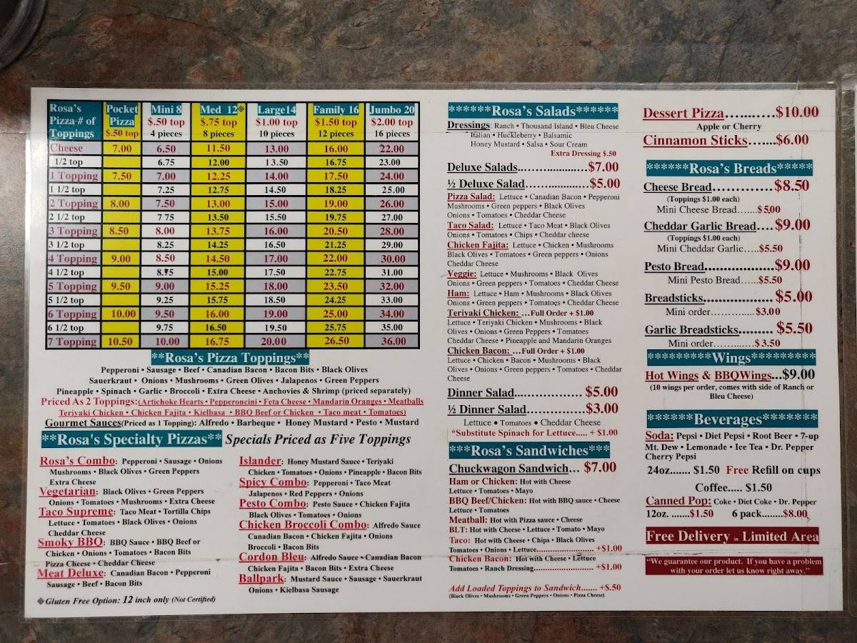 Menu at Rosa's Pizza pizzeria, Bigfork, Montana Hwy 35