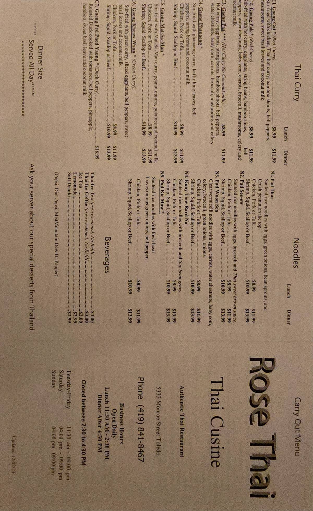 Menu at Rose Thai restaurant, Toledo