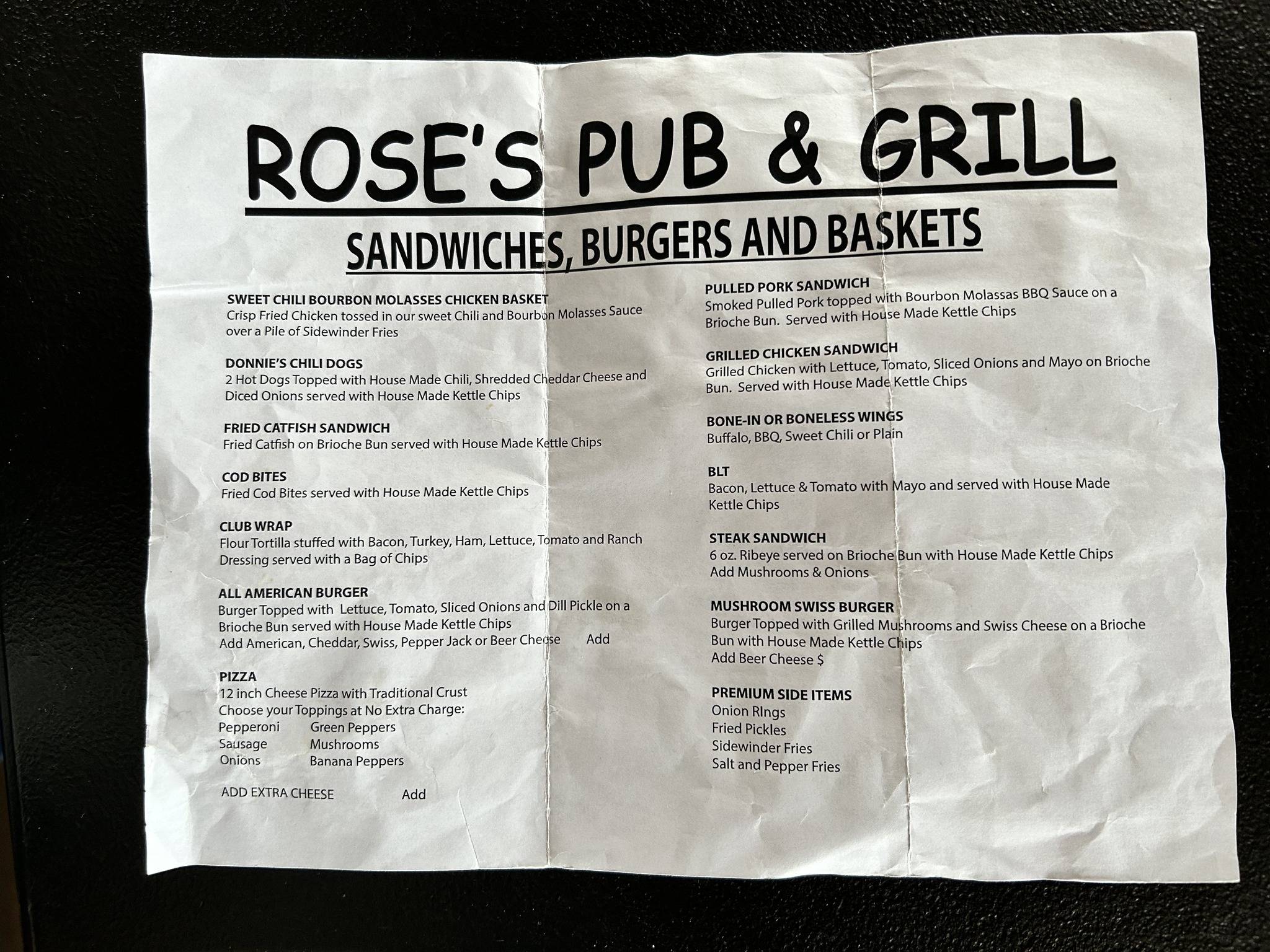 Menu at Rose's Pub, Frankfort