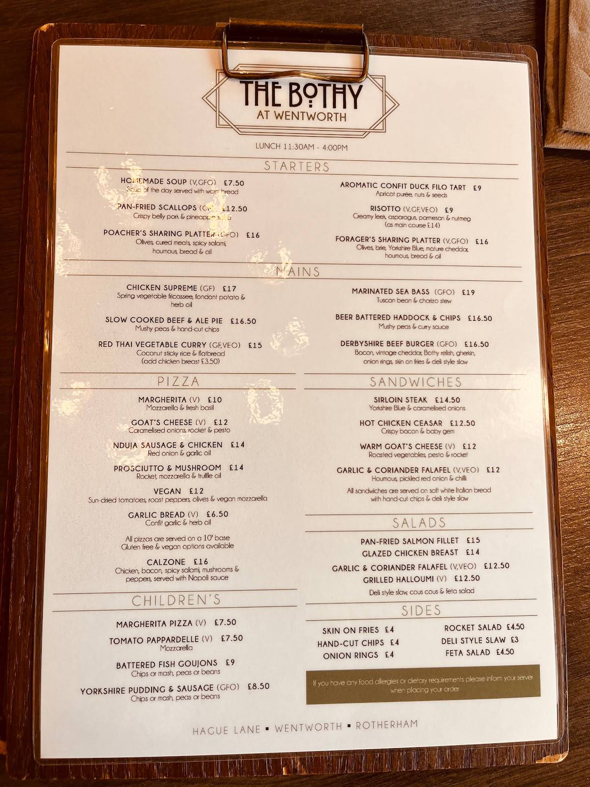 Menu at The Bothy restaurant, Rotherham