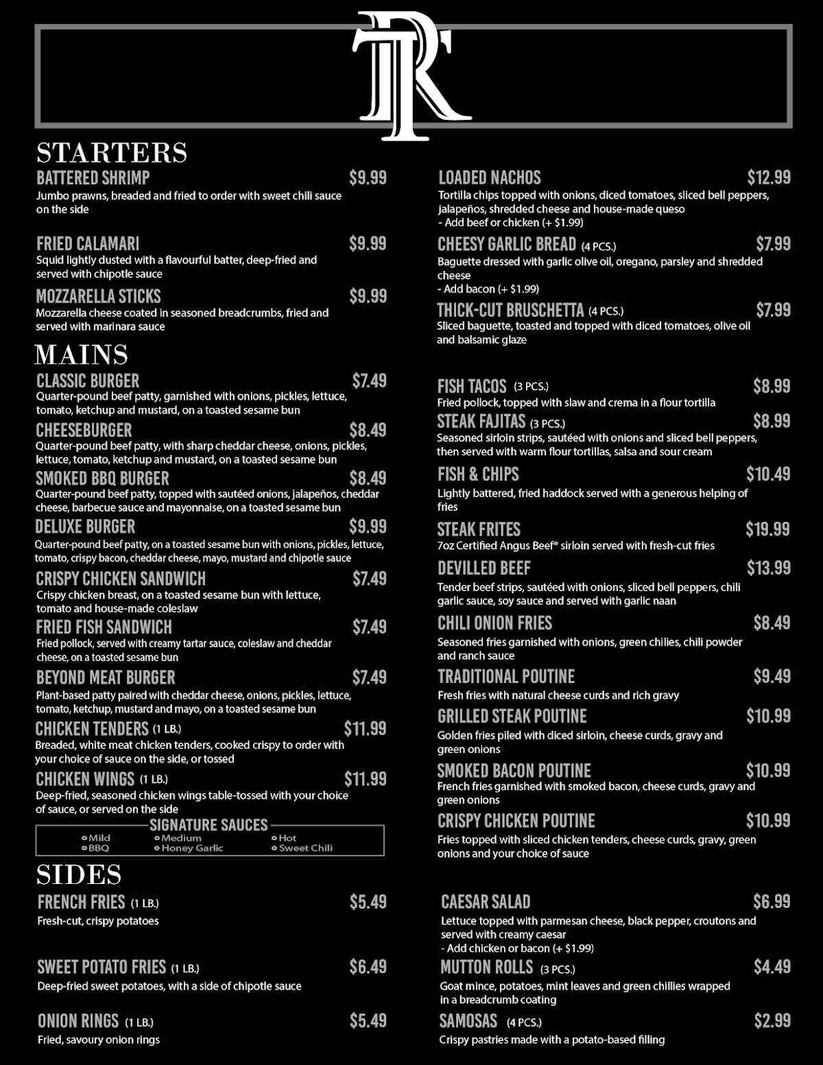 Menu au Round Table Tavern restaurant, Toronto