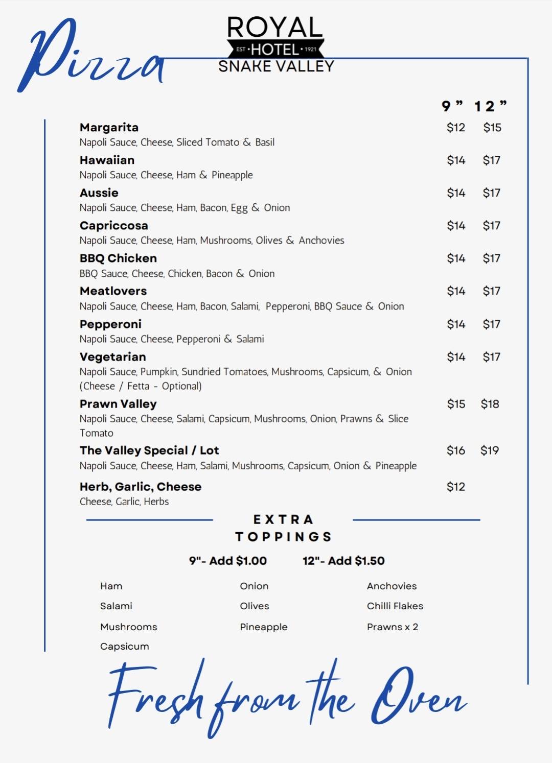 Menu at Royal Hotel Snake Valley pub & bar, Snake Valley