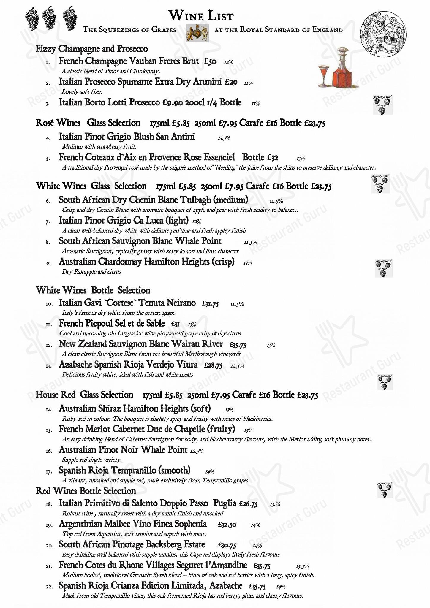 Menu at The Royal Standard of England pub & bar, Beaconsfield