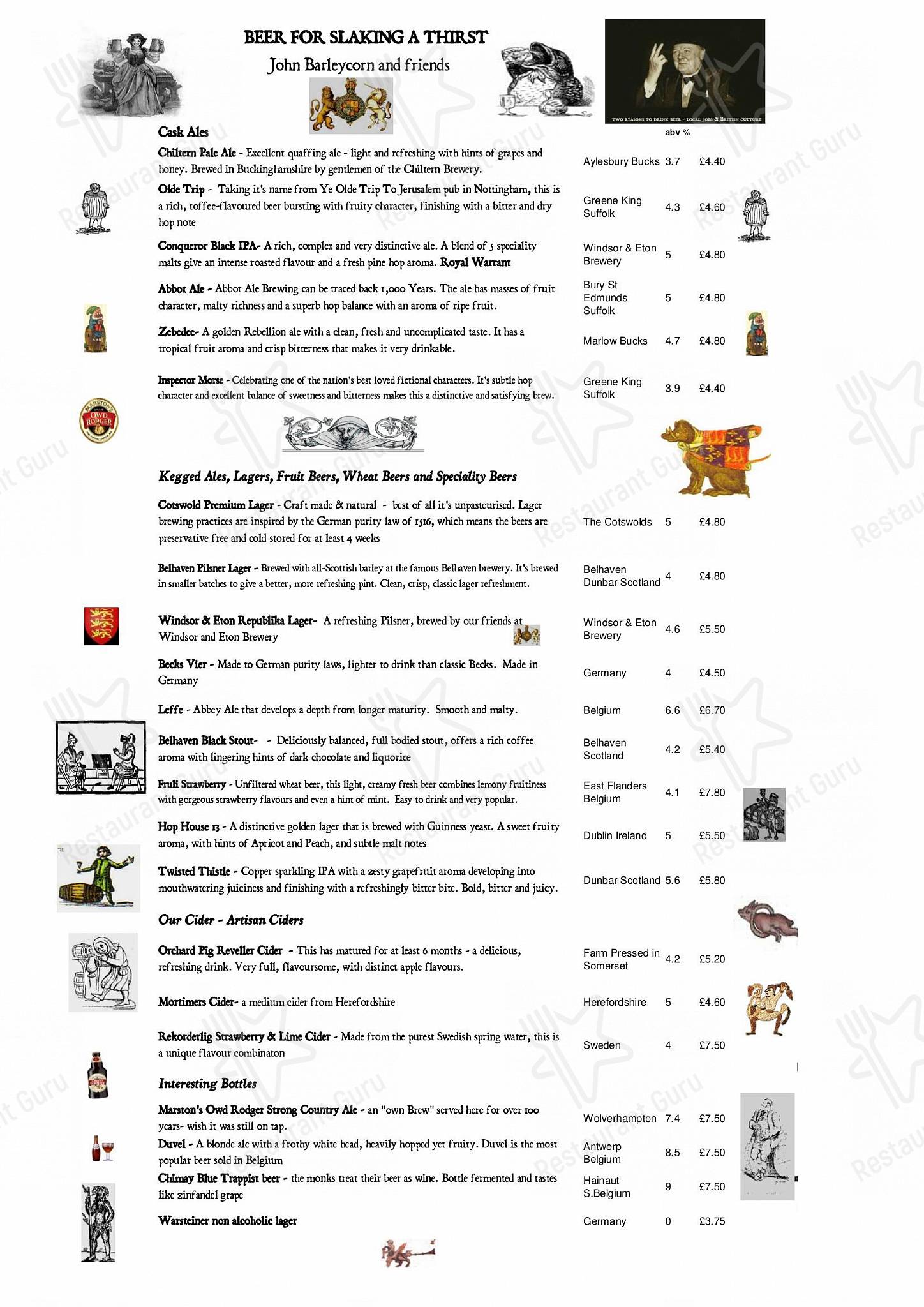 Menu at The Royal Standard of England pub & bar, Beaconsfield