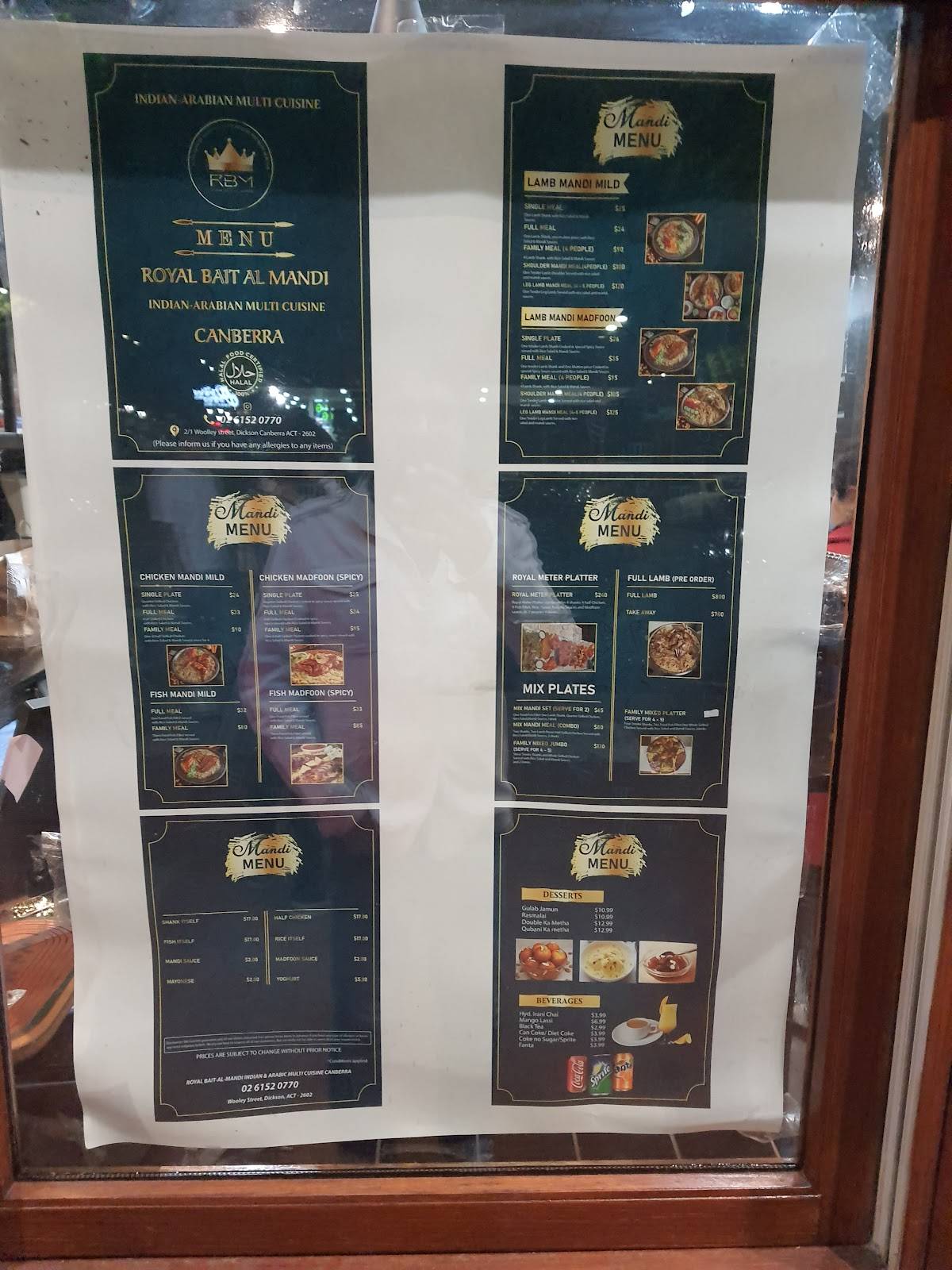 Menu at Royal bait al Mandi Canberra restaurant, Dickson