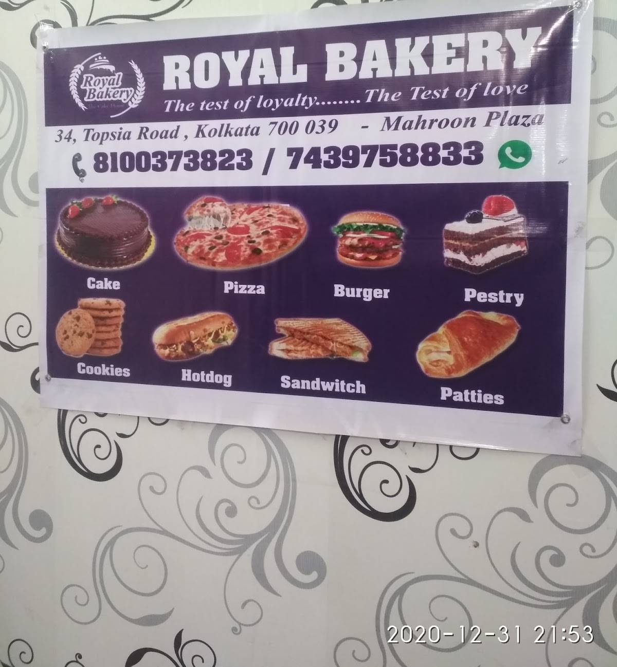Menu at Royal bakery, Kolkata