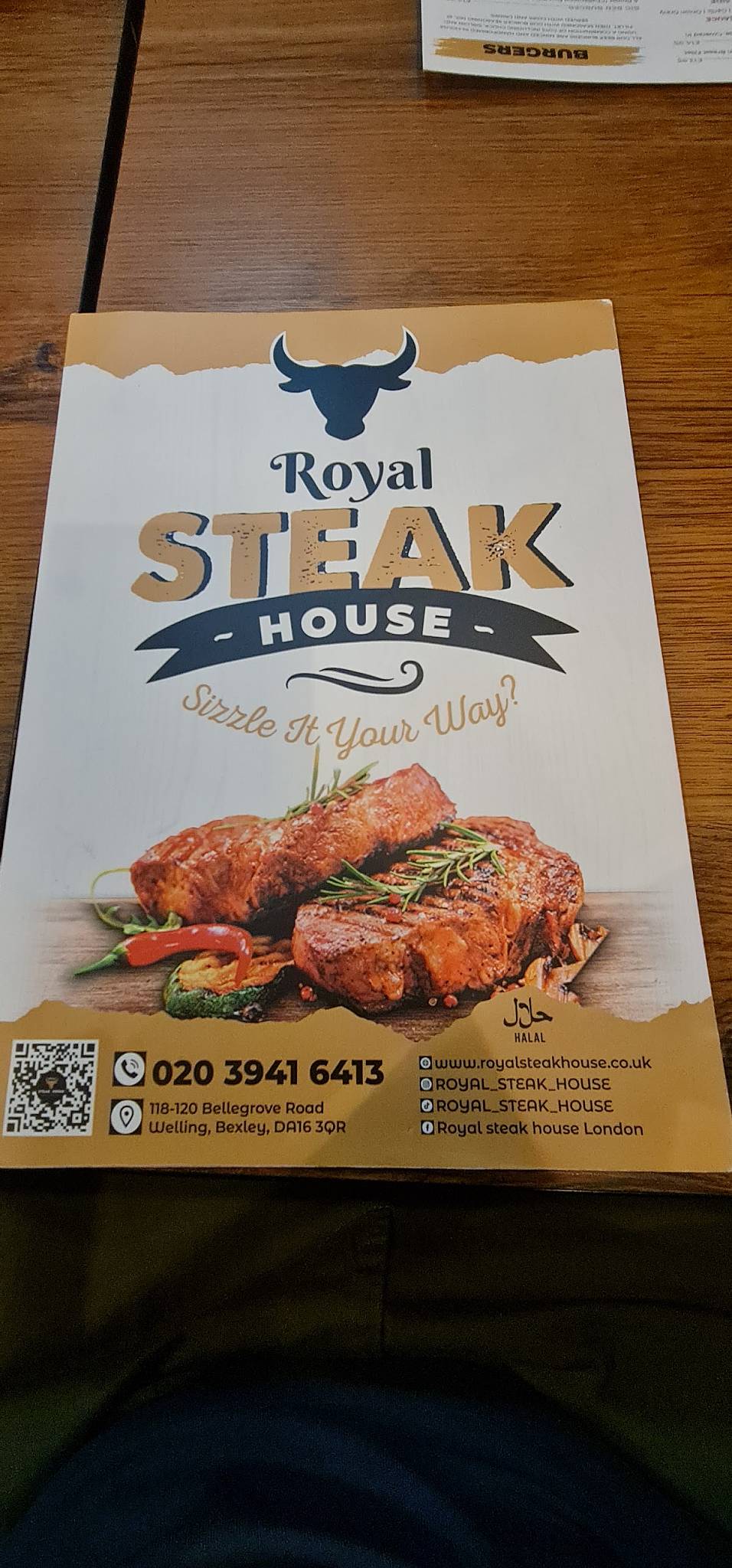 Menu at Royal steak house restaurant, Welling, 118-120 Bellegrove Rd