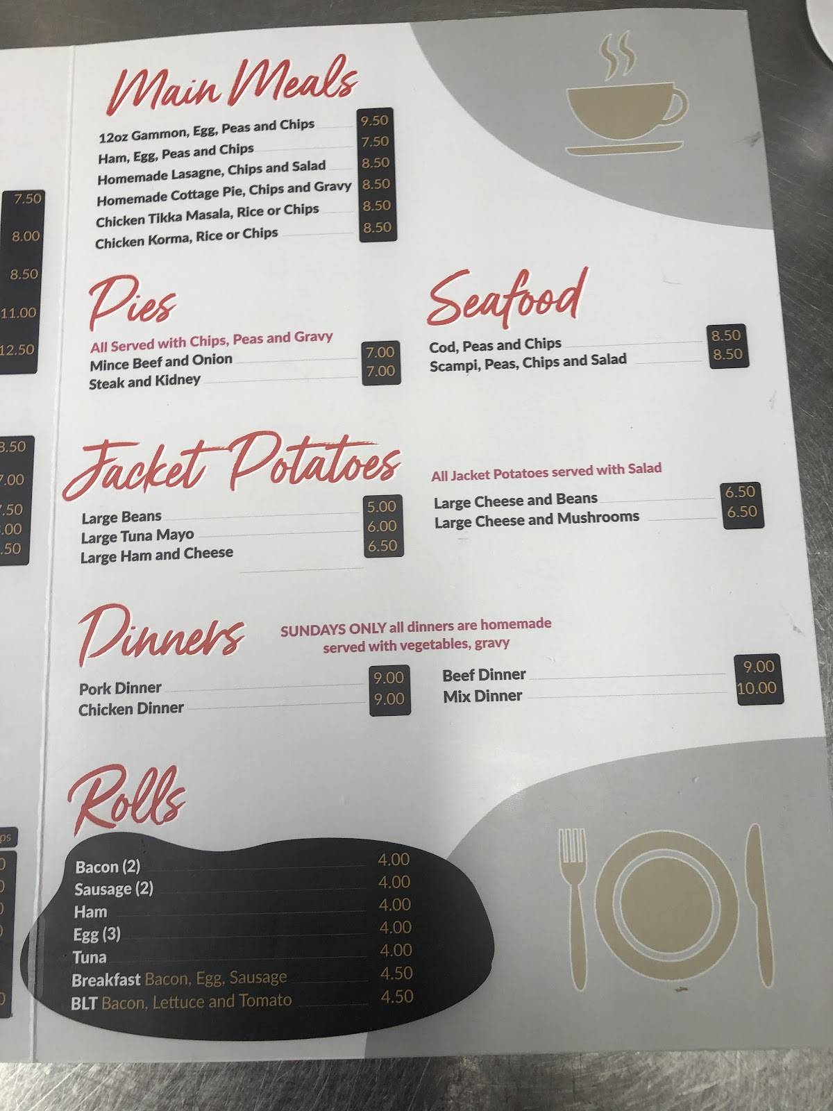 Menu at Roy's cafe llandybie, Ammanford