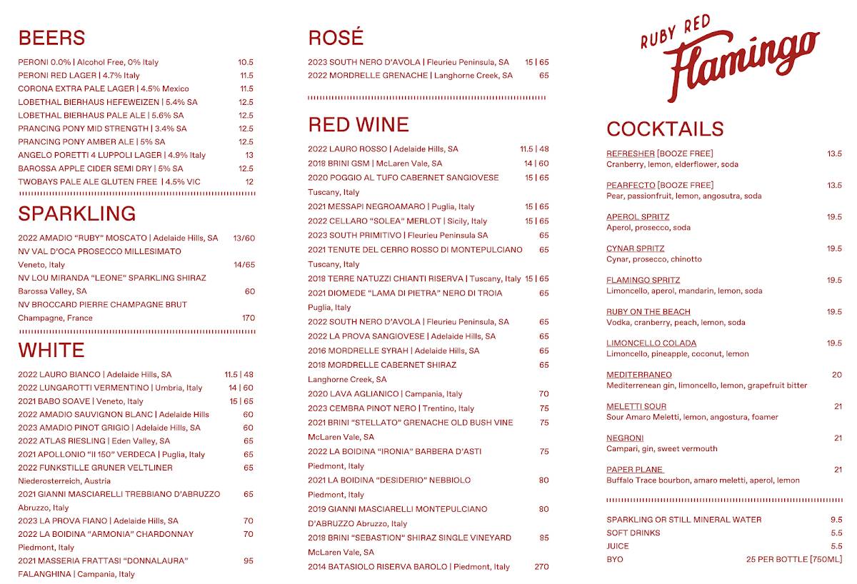 Menu at Ruby Red Flamingo restaurant, North Adelaide