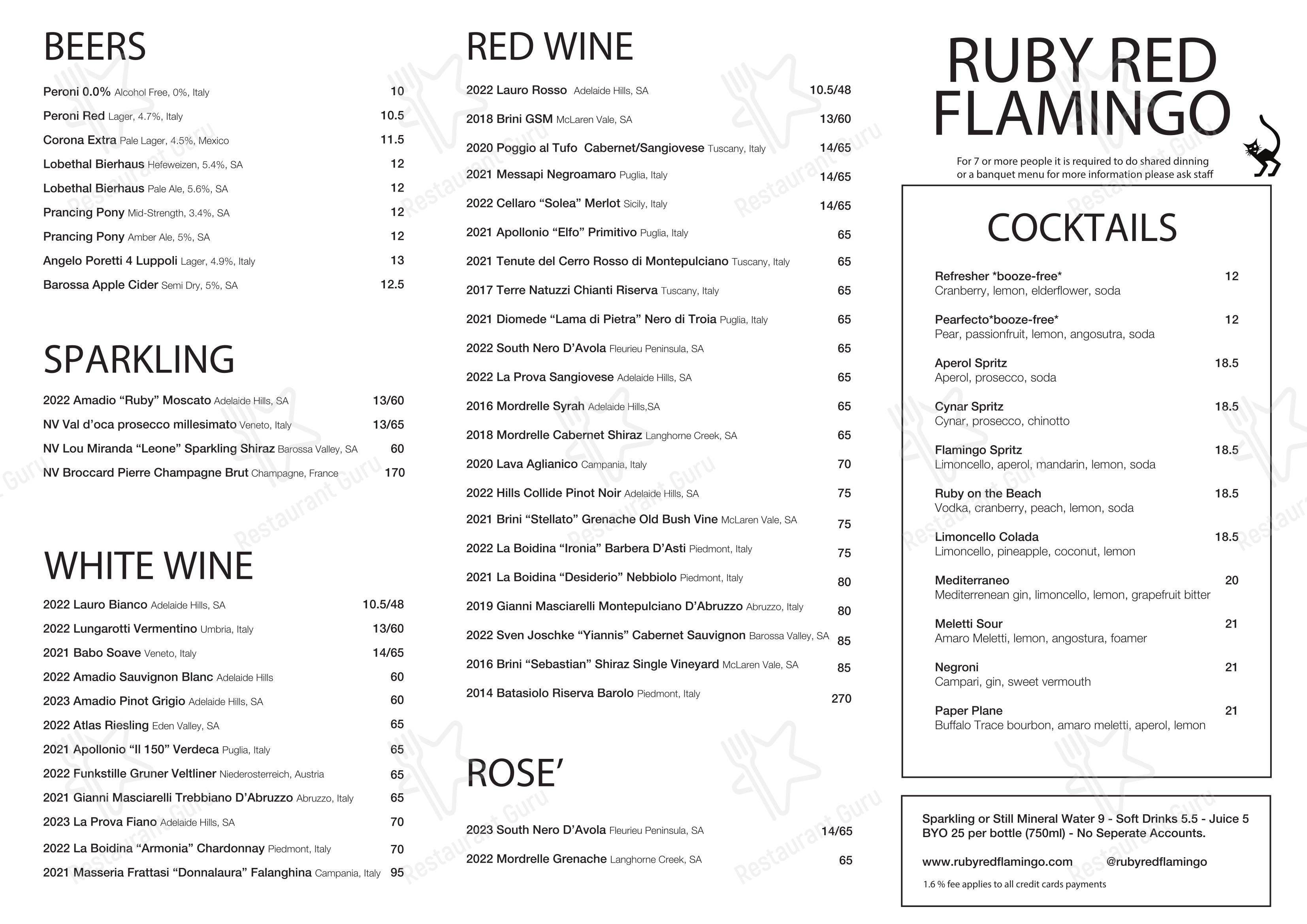 Menu at Ruby Red Flamingo restaurant, North Adelaide
