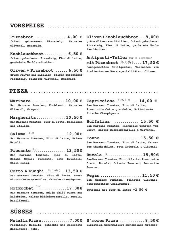 Menu at Ruby's Pizza, Germany