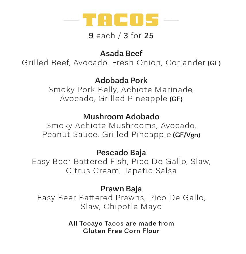 Menu at Ruby’s Taco & Tequila restaurant, Papamoa