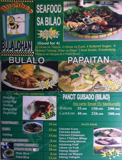 Menu at Rushbee Bulalohan restaurant, Makati