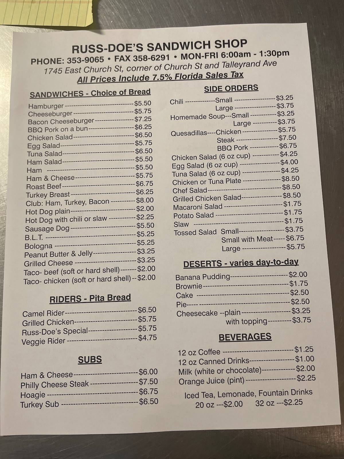 Menu at Russ-Doe's Sandwich Shop fast food, Jacksonville