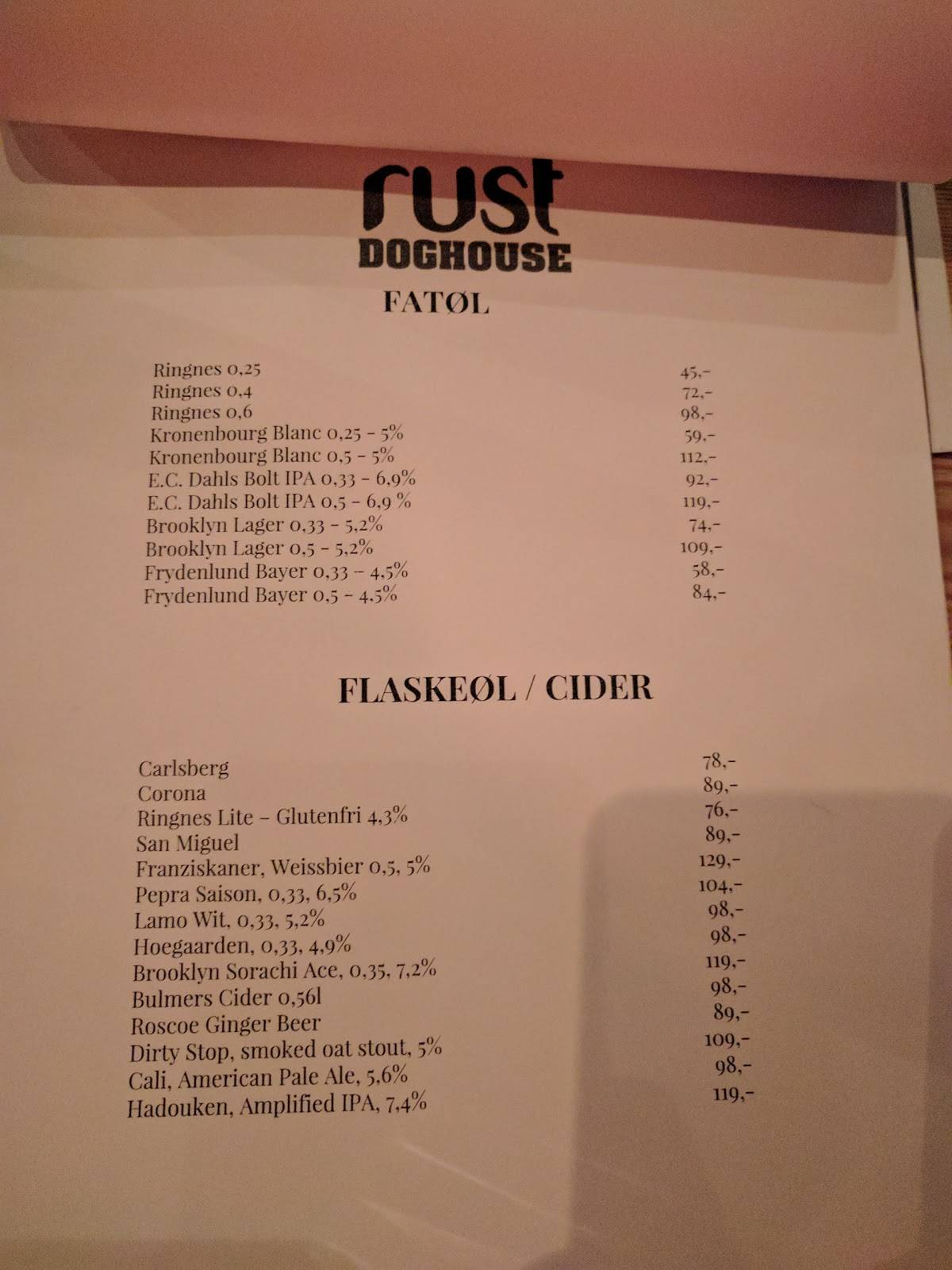 Menu at Rust restaurant, Oslo