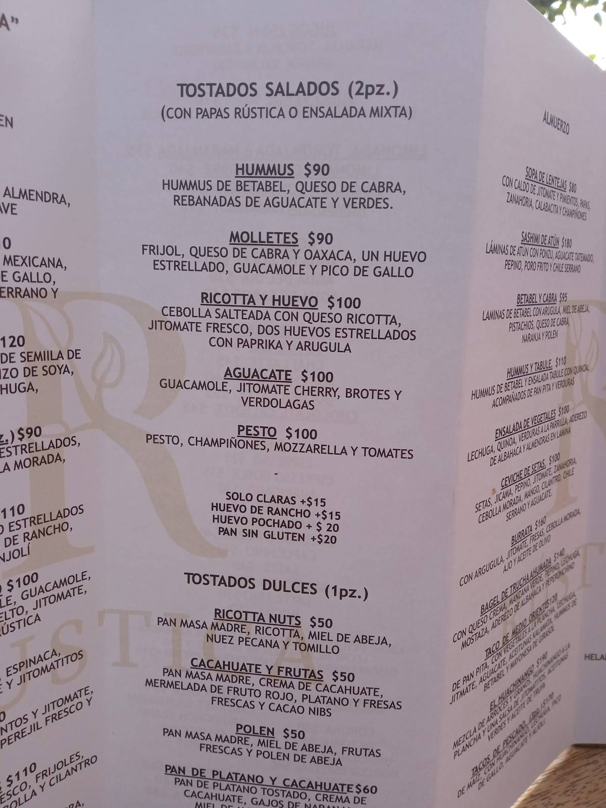 Menu at Rustica restaurant, San Miguel de Allende