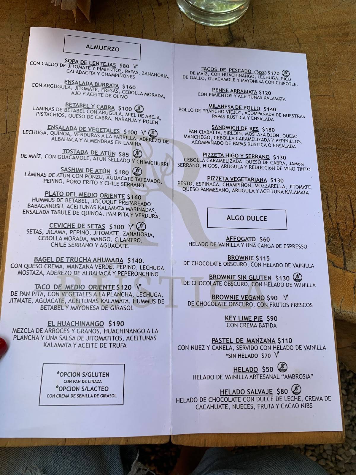 Menu at Rustica restaurant, San Miguel de Allende