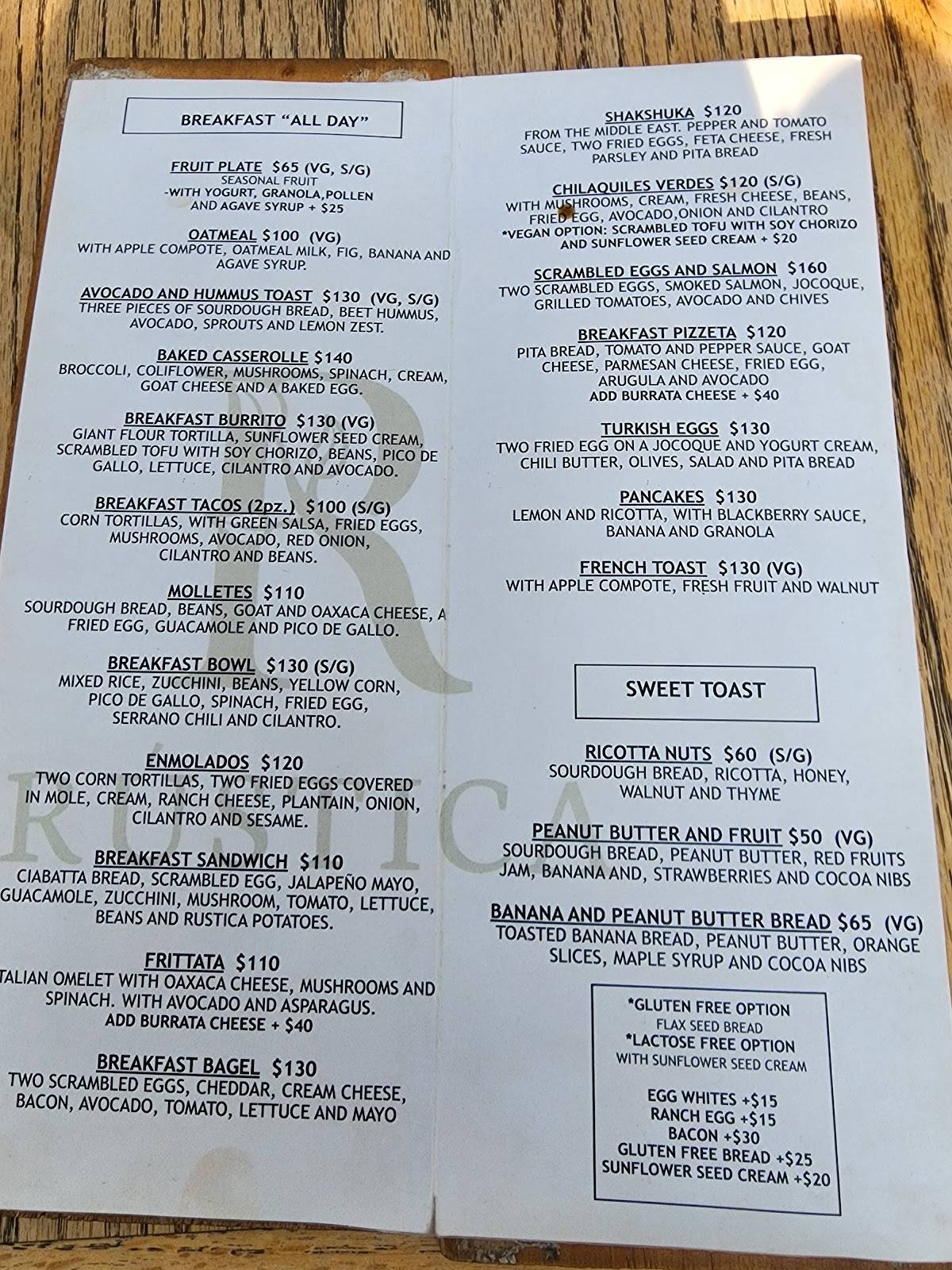 Menu at Rustica restaurant, San Miguel de Allende