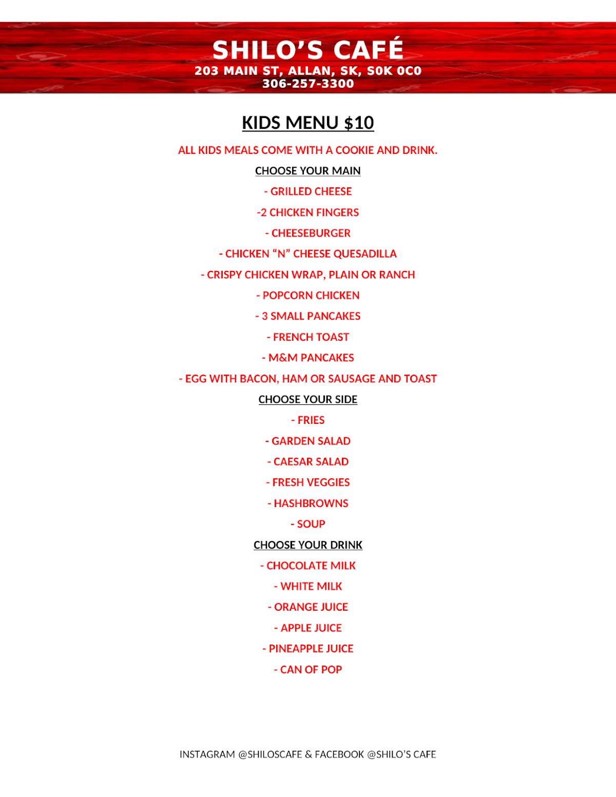 Menu at SHILO'S CAFE, Allan