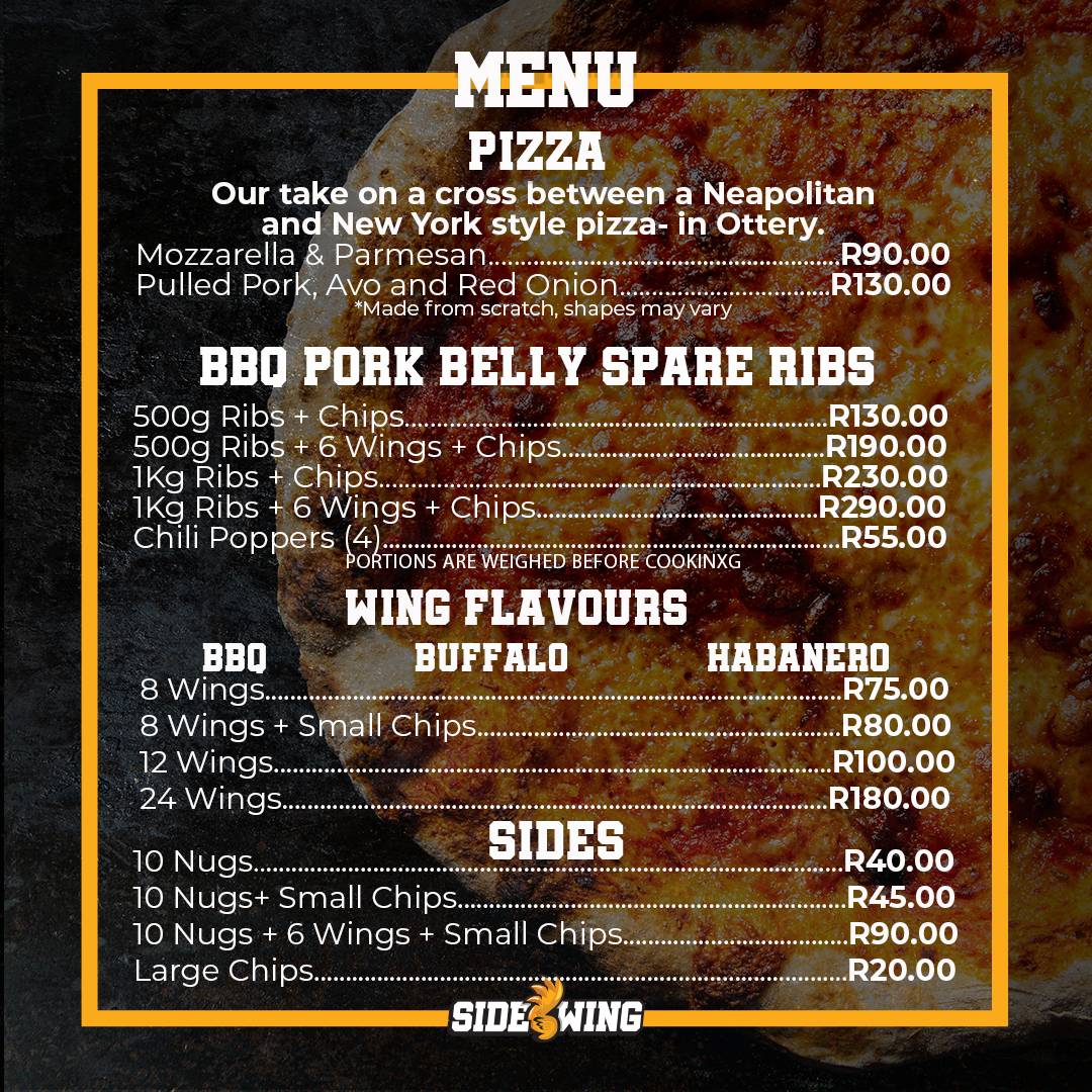 Menu at SIDE WING restaurant, Cape Town