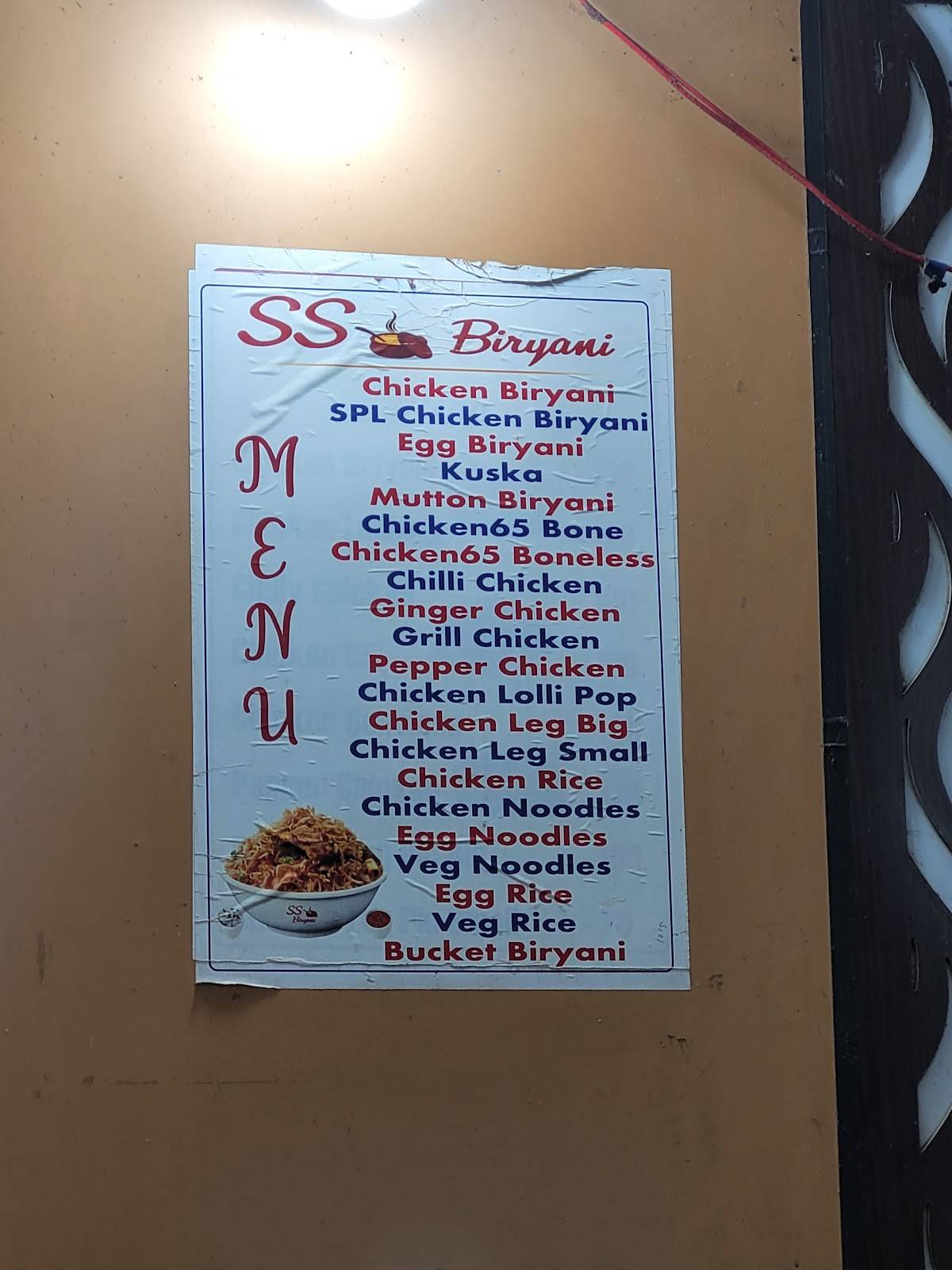 Menu at SS biryani, Chennai